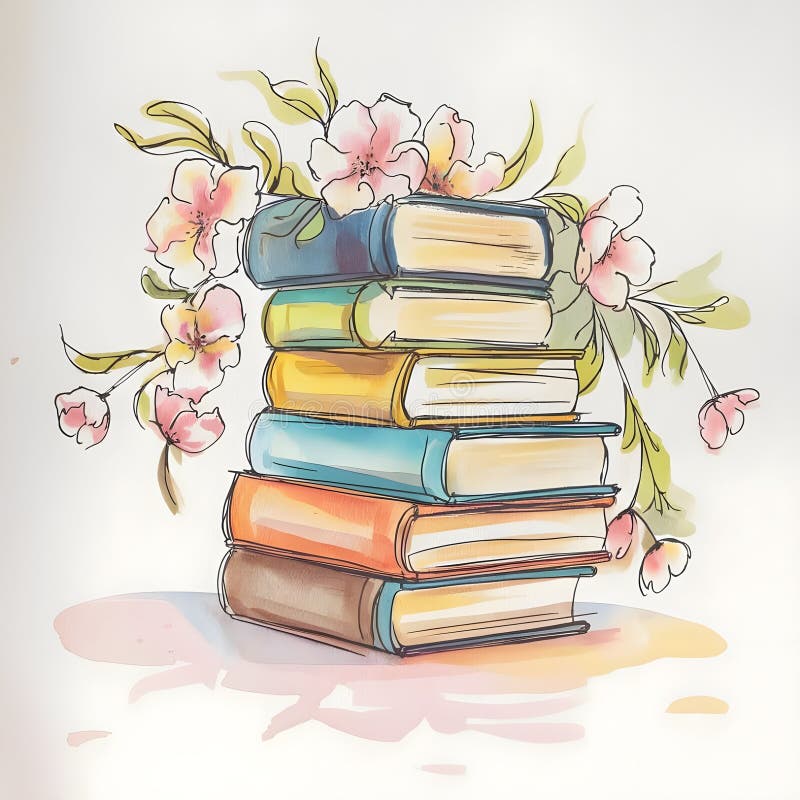 Watercolor Illustration of Stacked Books with Blooming Flowers Stock ...