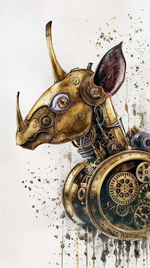 A Watercolor Illustration, Featuring a Steampunk-inspired Brass Robot ...