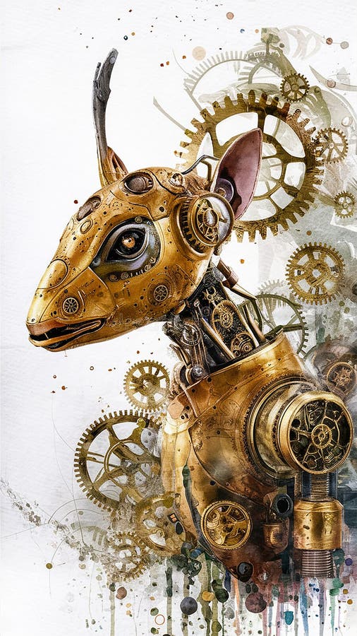 A Watercolor Illustration, Featuring a Steampunk-inspired Brass Robot ...