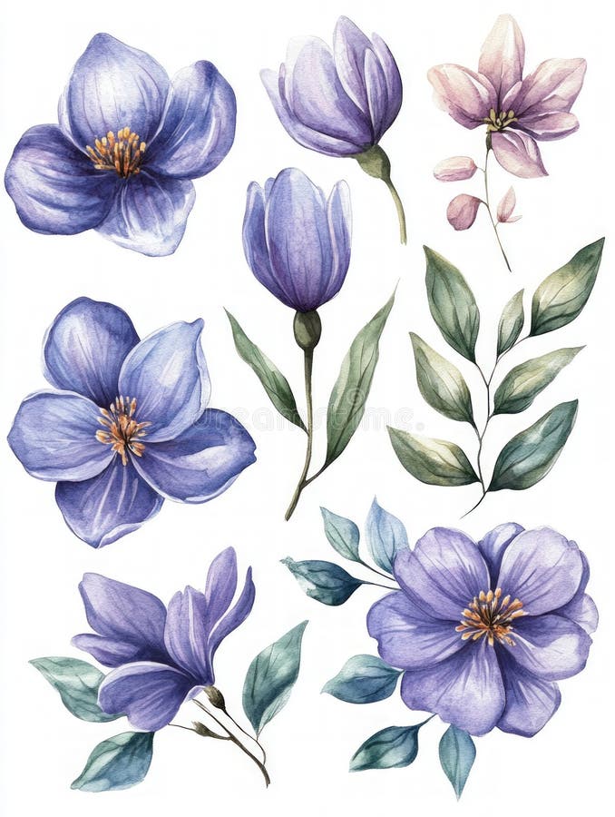 A Watercolor Illustration Featuring Various Spring Motifs and Colors ...