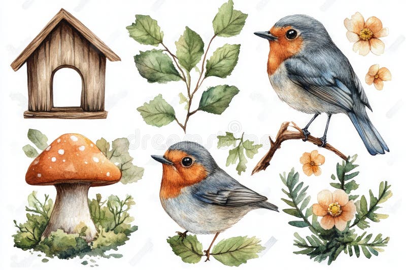 A Watercolor Illustration Featuring Various Spring Motifs and Colors ...