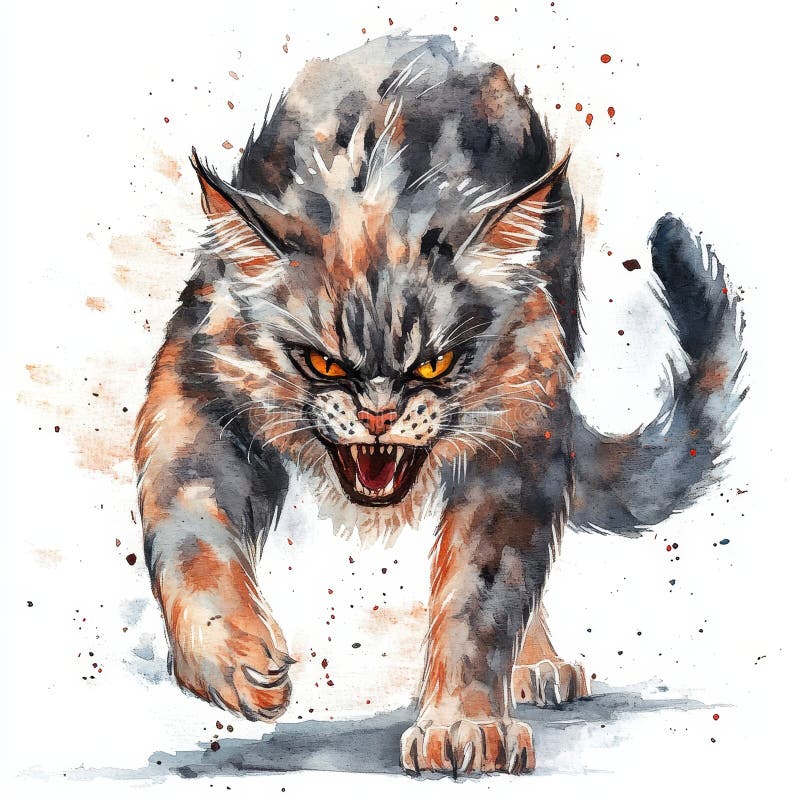 Watercolor Illustration of a Fierce Werecat with Glowing Eyes Sharp ...