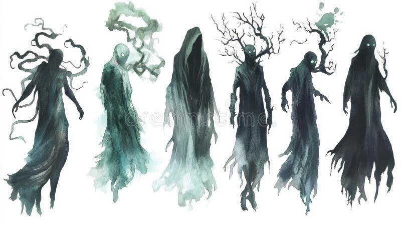 Watercolor Illustration of Five Dark Spirits with Different Forms and ...