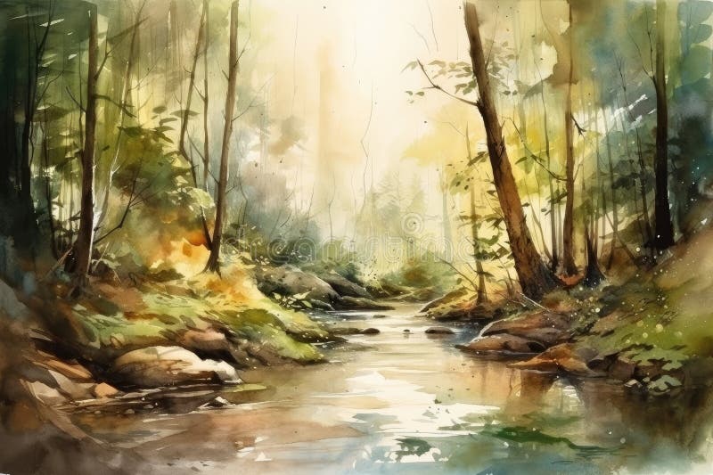 Watercolor Illustration of Forest Stream, with Reflections and Foliage ...