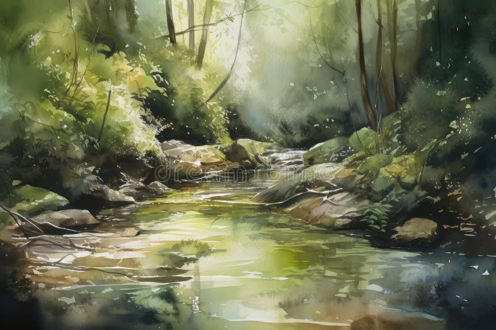 Watercolor Illustration of Forest Stream, with Reflections and Light ...