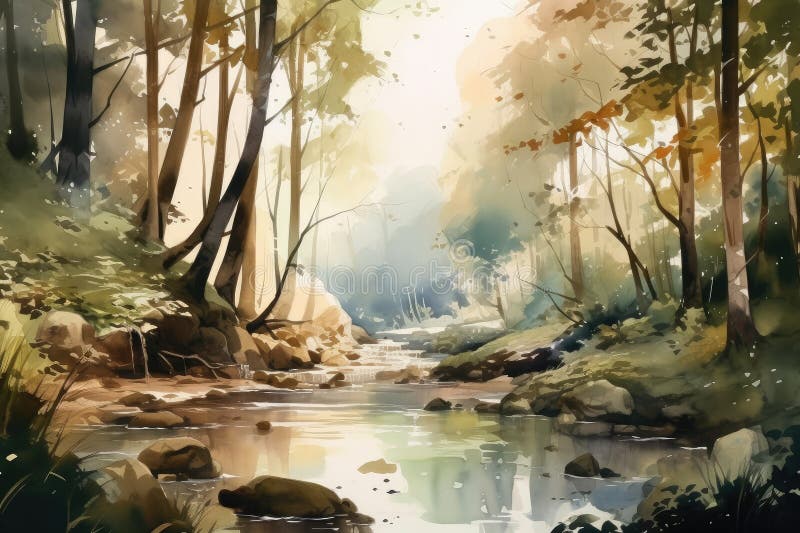 Watercolor Illustration of Forest Stream with Reflections and Light ...