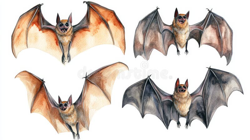 Watercolor Illustration of Four Bats in Flight Showcasing Their ...