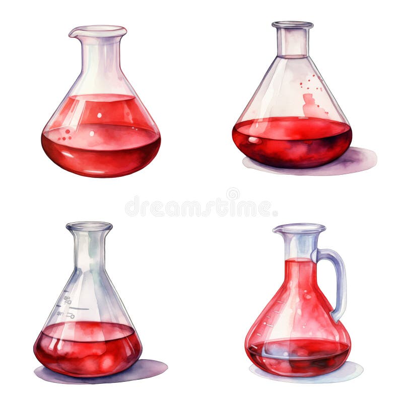 Watercolor Illustration of Four Glass Flasks with Red Liquid Stock ...