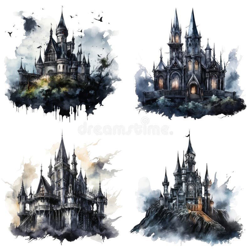 Watercolor Illustration of Four Gothic Castles Stock Illustration ...