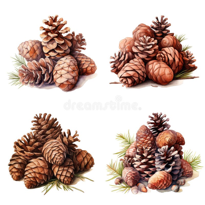 Watercolor Illustration of Four Groups of Pine Cones Stock Photo ...