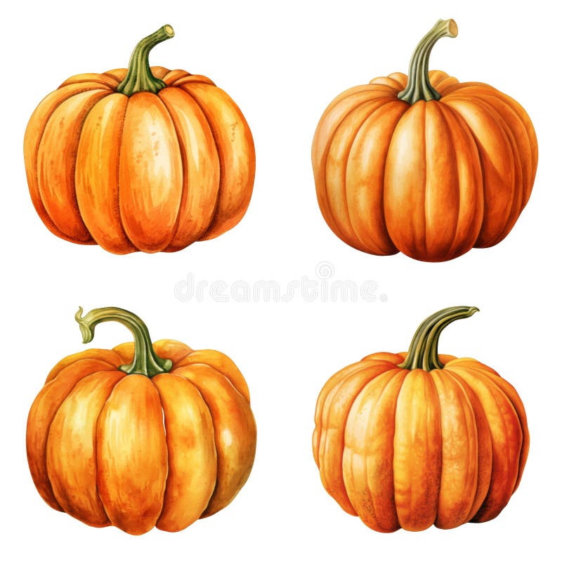 A Watercolor Illustration of Four Pumpkins with Green Stems Stock Image ...