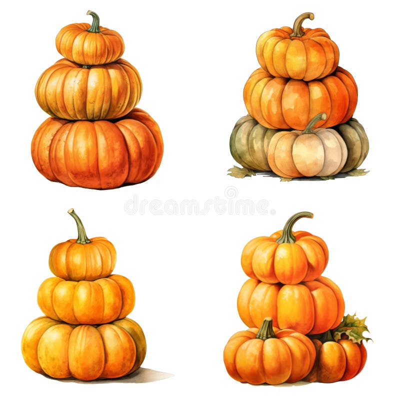 Watercolor Illustration of Four Stacks of Pumpkins Stock Image ...