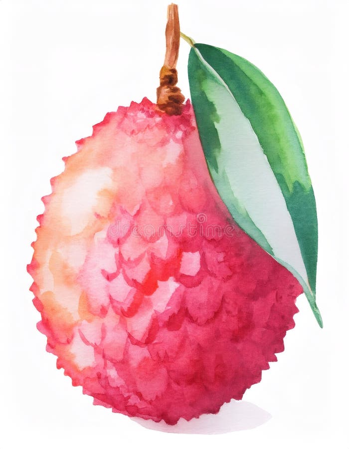 Watercolor Illustration of a Fresh Lychee with Leaf Stock Photo - Image ...