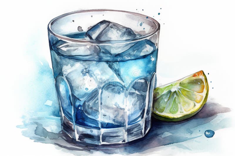 Watercolor Illustration of Fresh Water in Glass with Lemon Stock Photo ...