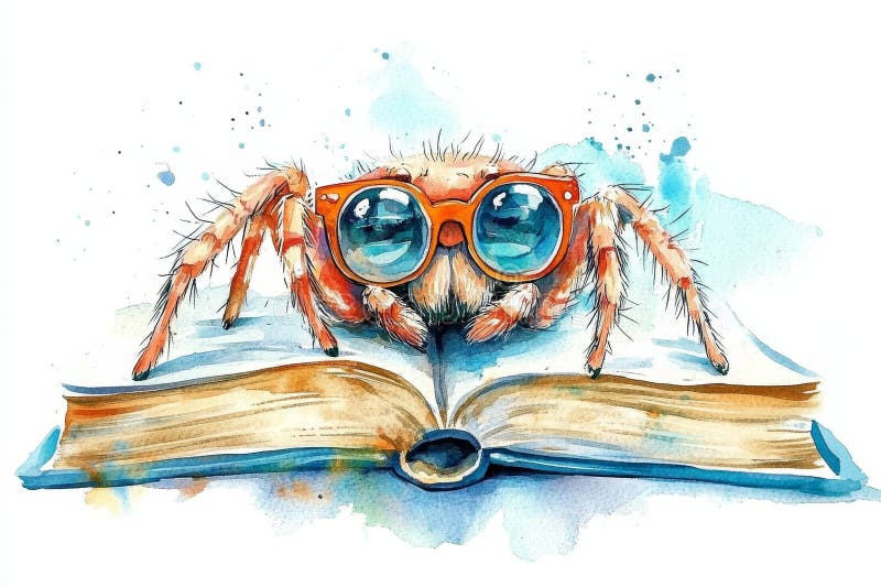 A Watercolor Illustration of a Friendly Spider Wearing Glasses and ...