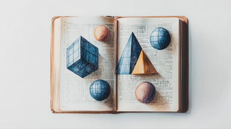 Watercolor Illustration of Geometric Shapes in an Open Math Textbook ...