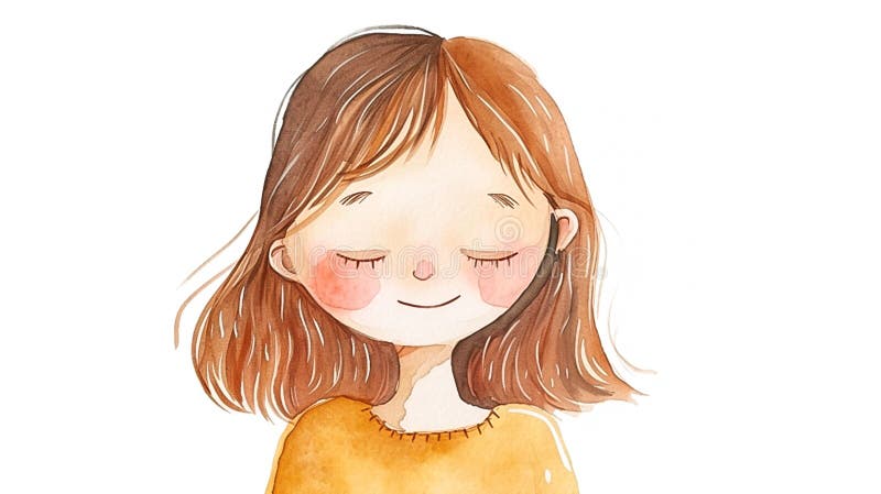 Watercolor Illustration Of A Girl With Brown Hair Closed Eyes And A Smile Stock Illustration