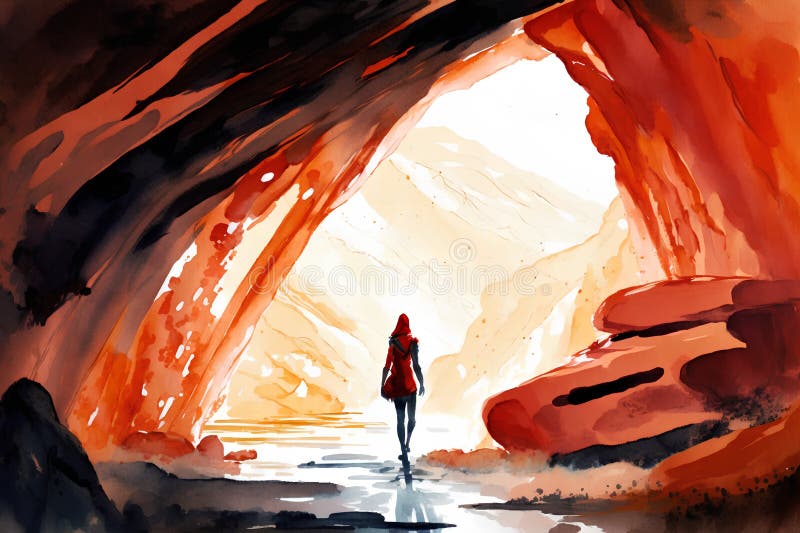 Watercolor Illustration of a Girl Standing in the Cave. Watercolor ...