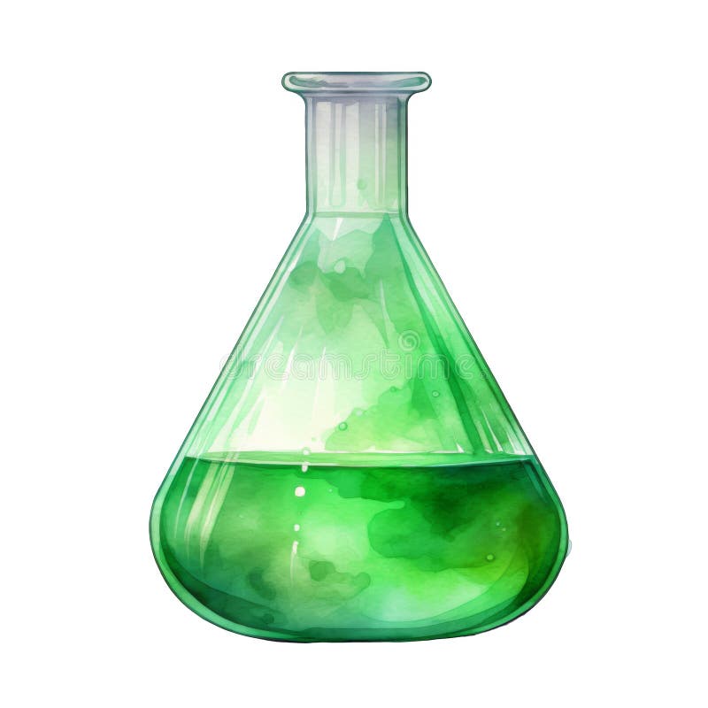 Watercolor Illustration of a Glass Flask with Green Liquid Stock ...