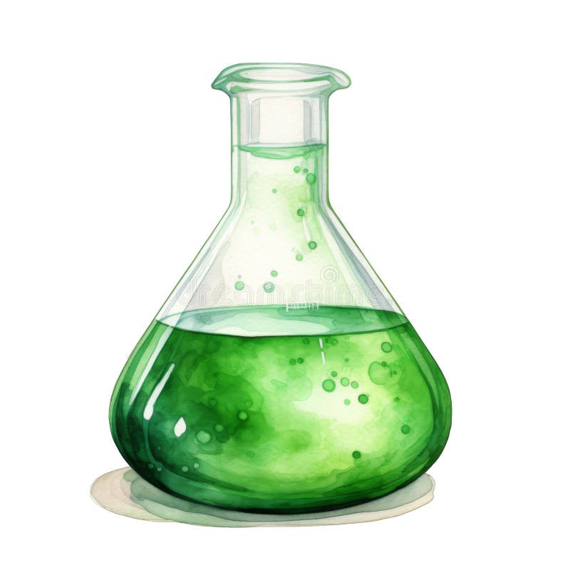 Watercolor Illustration of a Glass Flask with Green Liquid Stock Image ...