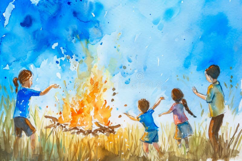 Watercolor Illustration of a Group of Children Having a Bonfire on ...