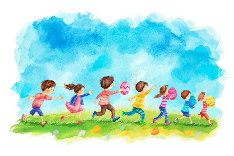 Watercolor Illustration of a Group of Children Having an Easter Egg ...