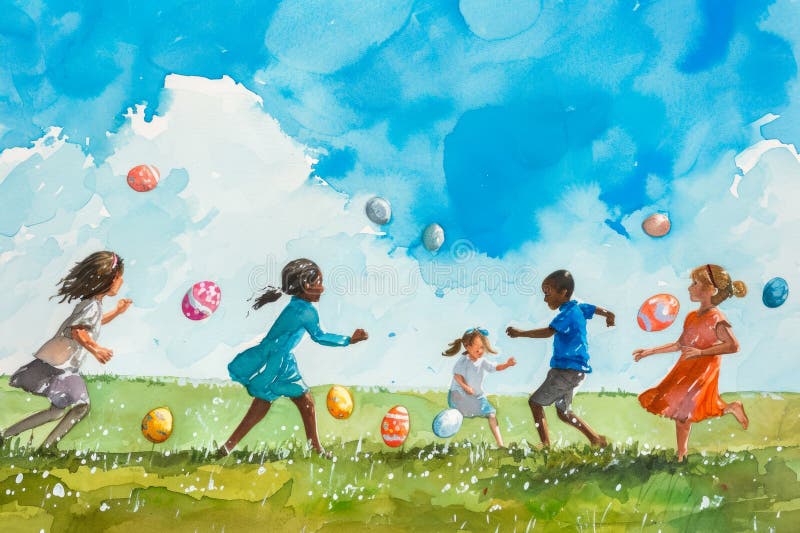 Watercolor Illustration of a Group of Children Having an Easter Egg ...
