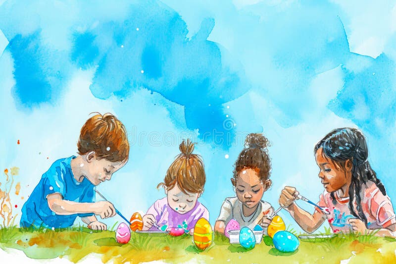 Watercolor Illustration of a Group of Children Painting Easter Eggs ...