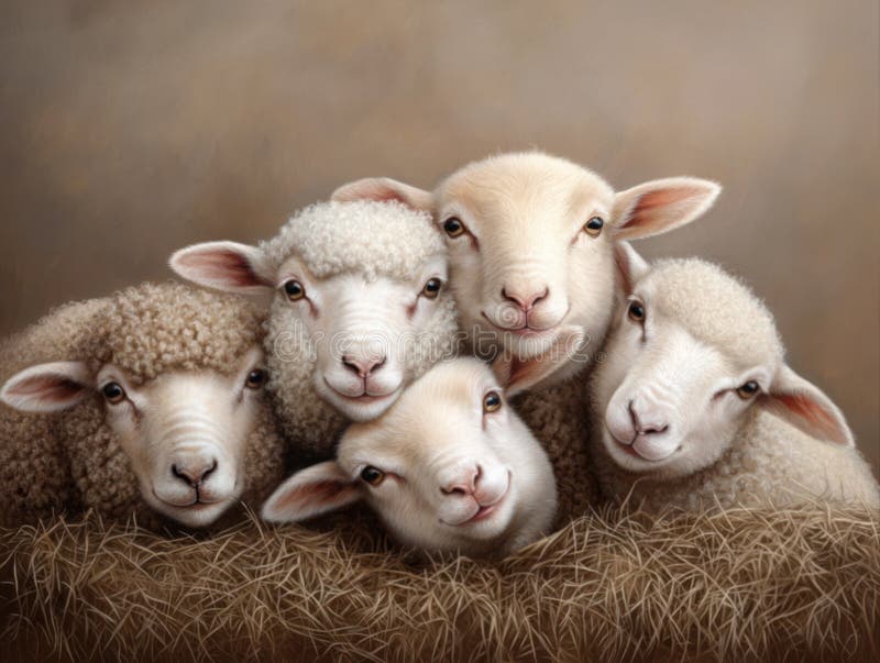 Watercolor Illustration of a Group of Sheep on a Farm, Happy and ...