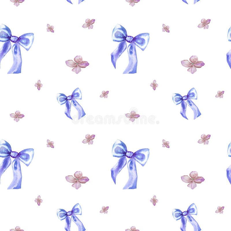 Watercolor Illustration Hand Painted Pattern with Blue Bows and ...