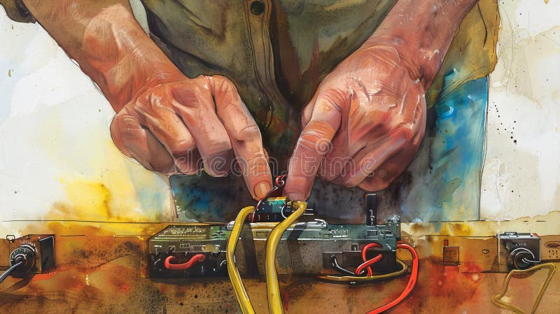 Watercolor Illustration of Hands Working on Electronics, Concept of ...