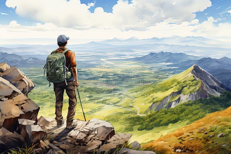 Watercolor Illustration of a Hiker Looking at a Mountain Valley Back ...