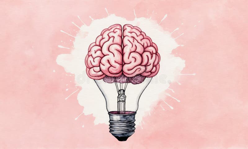 Watercolor Illustration of Human Brain Inside Light Bulb Stock ...