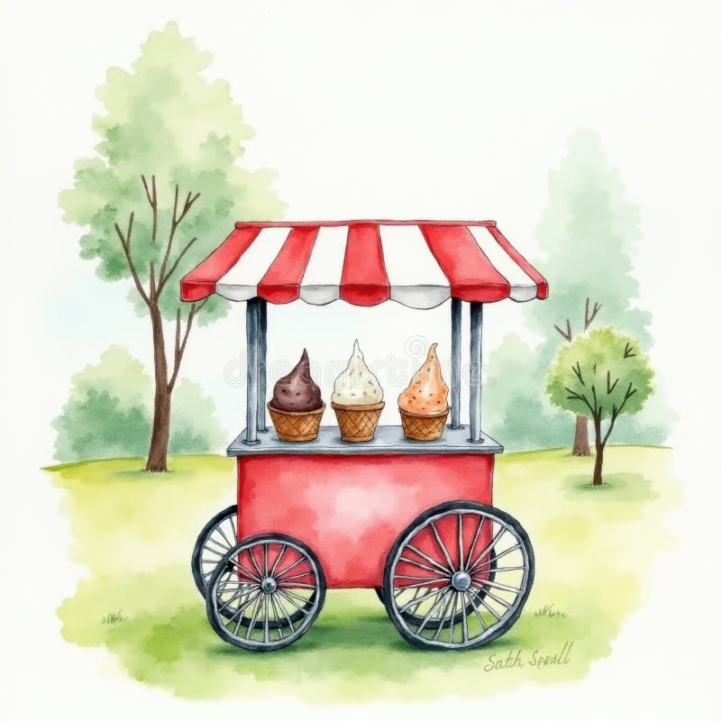 Watercolor Illustration of an Ice Cream Cart in a Park Stock ...