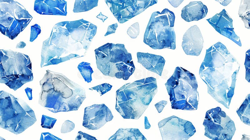 Watercolor Illustration of Icy Blue Crystals on a White Background ...
