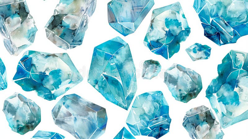 Watercolor Illustration of Icy Blue Crystals on a White Background ...