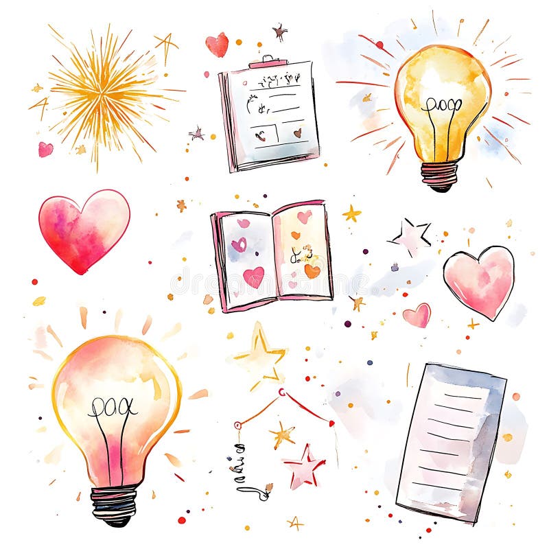 Watercolor Illustration of Ideas, Love, and Creativity Stock ...