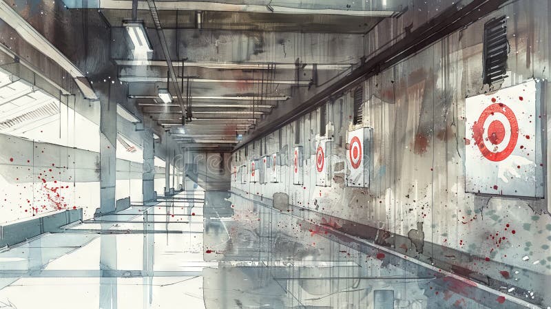 Watercolor Illustration of an Indoor Shooting Range with Target ...