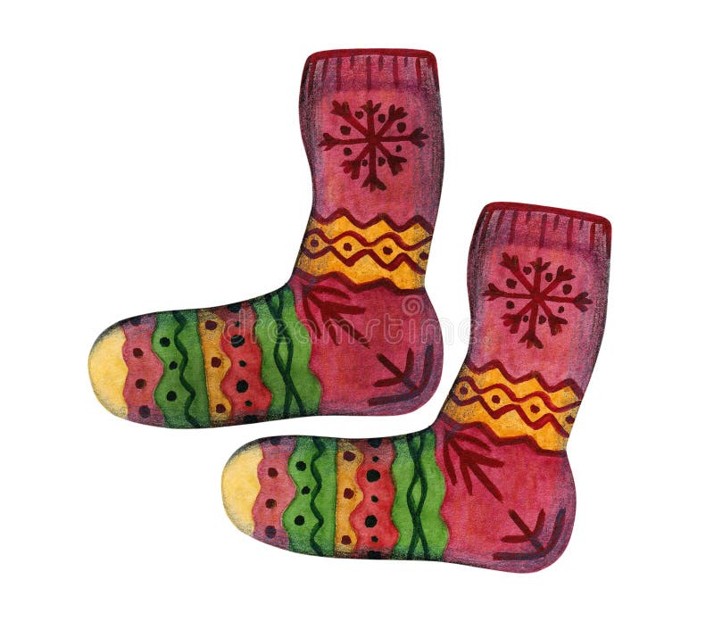 Watercolor Illustration of Knitted Red Socks with an Ornament Stock ...