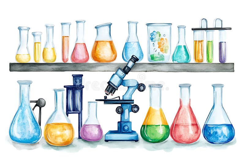 Watercolor Illustration of a Laboratory with Beakers Test Tubes and a ...