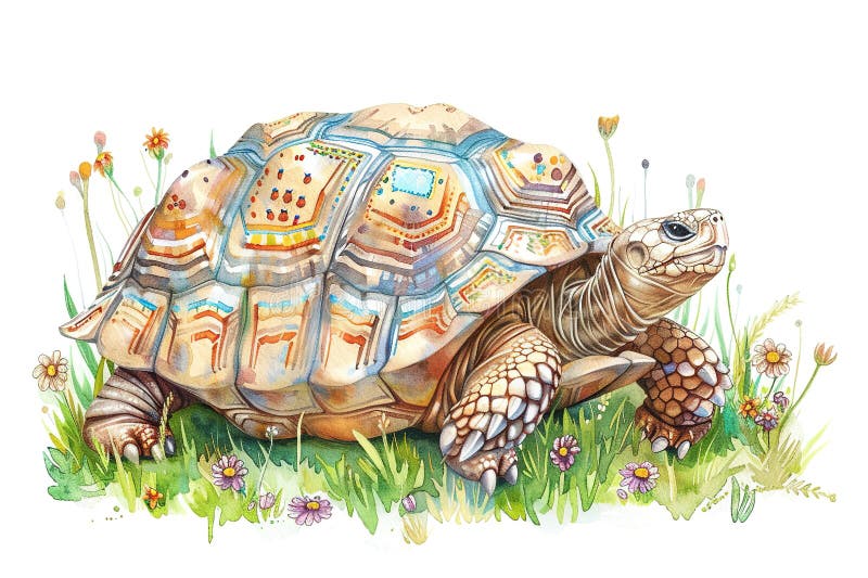Watercolor Illustration of a Land Turtle on the Grass, Isolated on a ...