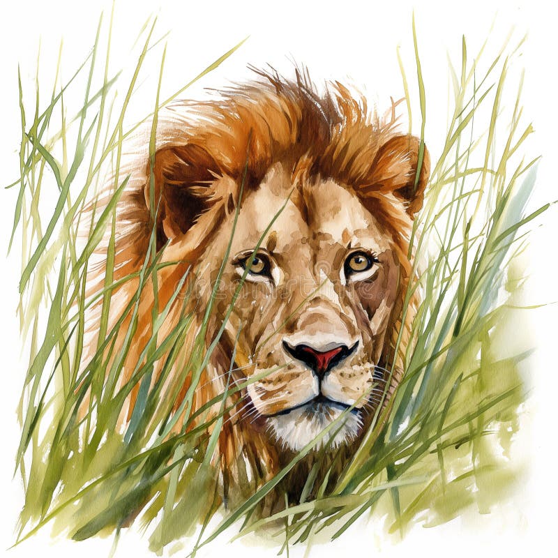 A Watercolor Illustration of a Lion Hiding in the Grass Stock ...