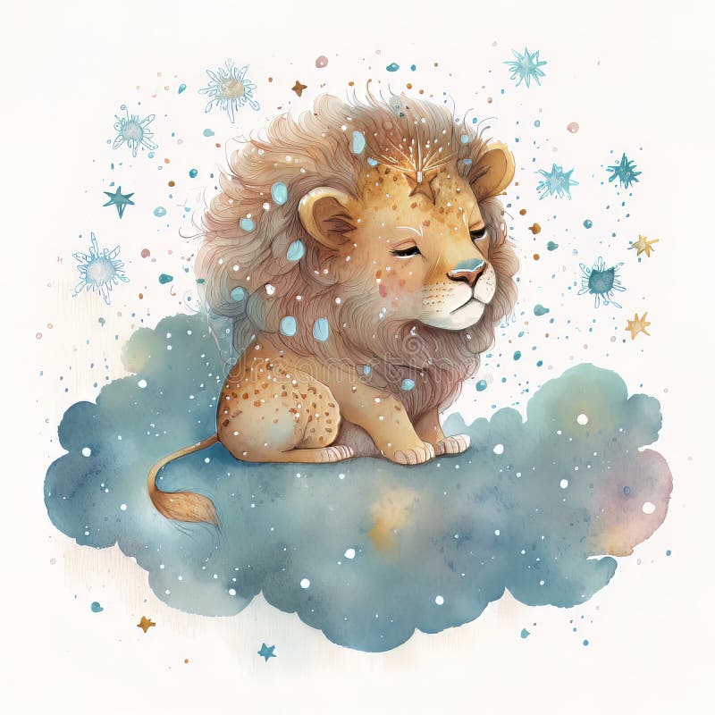 Watercolor Illustration of a Lion Sitting on a Cloud Stock Illustration ...