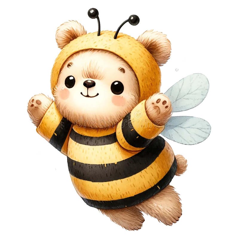 Watercolor Illustration of Little Bear in Bee Attire,fly with Tiny Bee ...