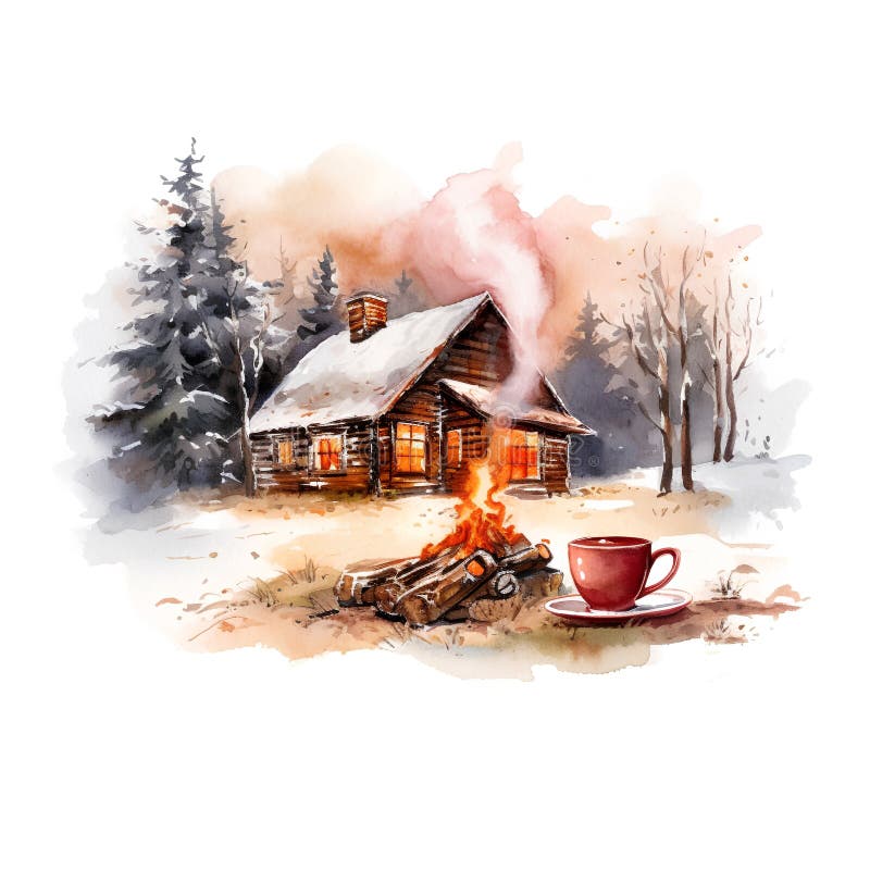 Watercolor Illustration of a Log Cabin in the Woods with a Cup of ...