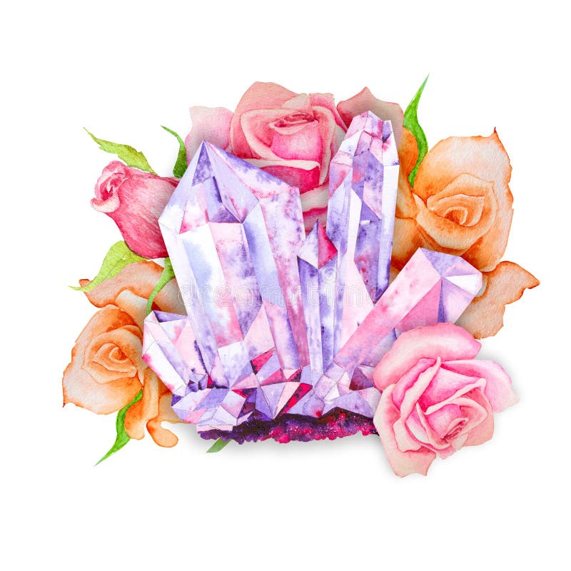 Watercolor Illustration of Magic Crystals, Hand Drawing, Esoterics ...
