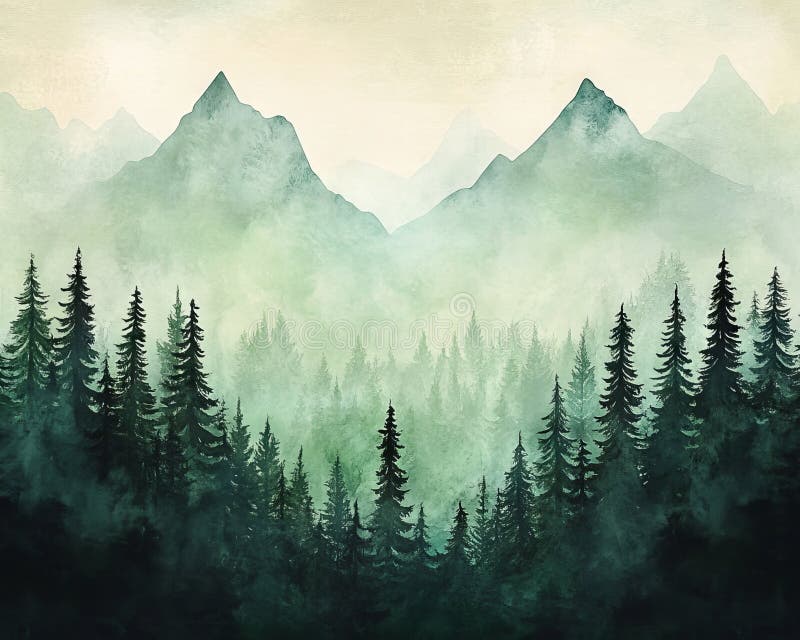 A Watercolor Illustration of a Magnificent Forest, Featuring Mountains ...