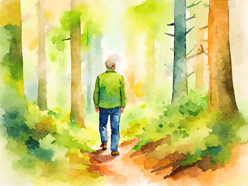 Watercolor Illustration of Man Standing in the Forest, Hand Painted ...