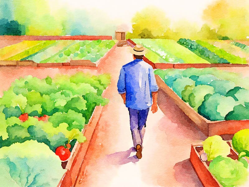 Watercolor Illustration of Man Walking in the Garden Stock Illustration ...