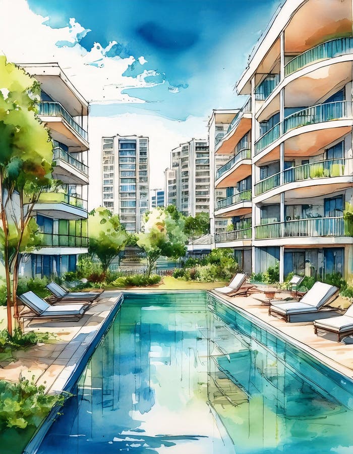 Watercolor Illustration of Modern Apartments with a Pool Stock ...